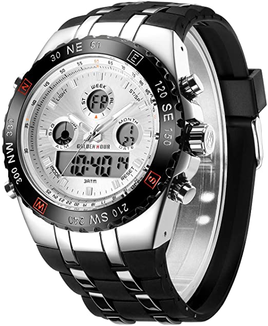 GOLDEN HOUR Huge Heavy Men Watch Japanese Quartz Wrist in Silver White ...